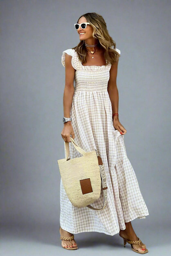 Emily Classic Checkered Ruffle Maxi Dress with Flowing – Rebooters